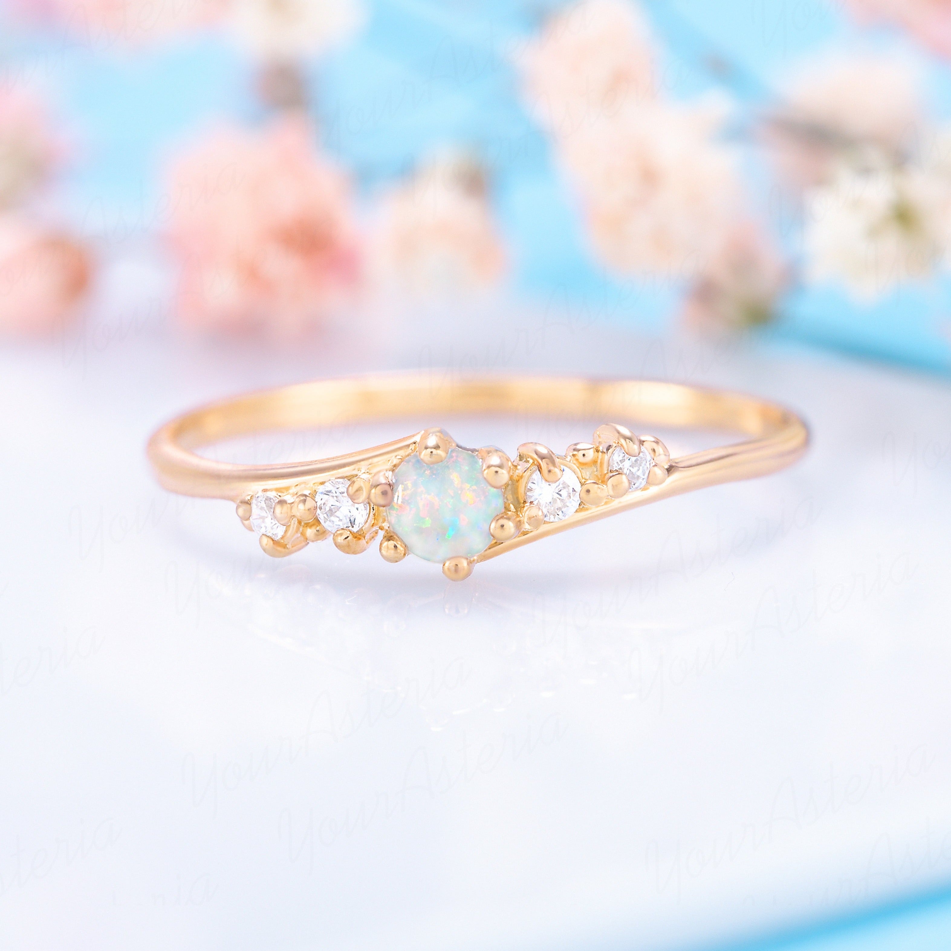 Unique minimalist 14k yellow gold opal & diamond promise ring for her ...