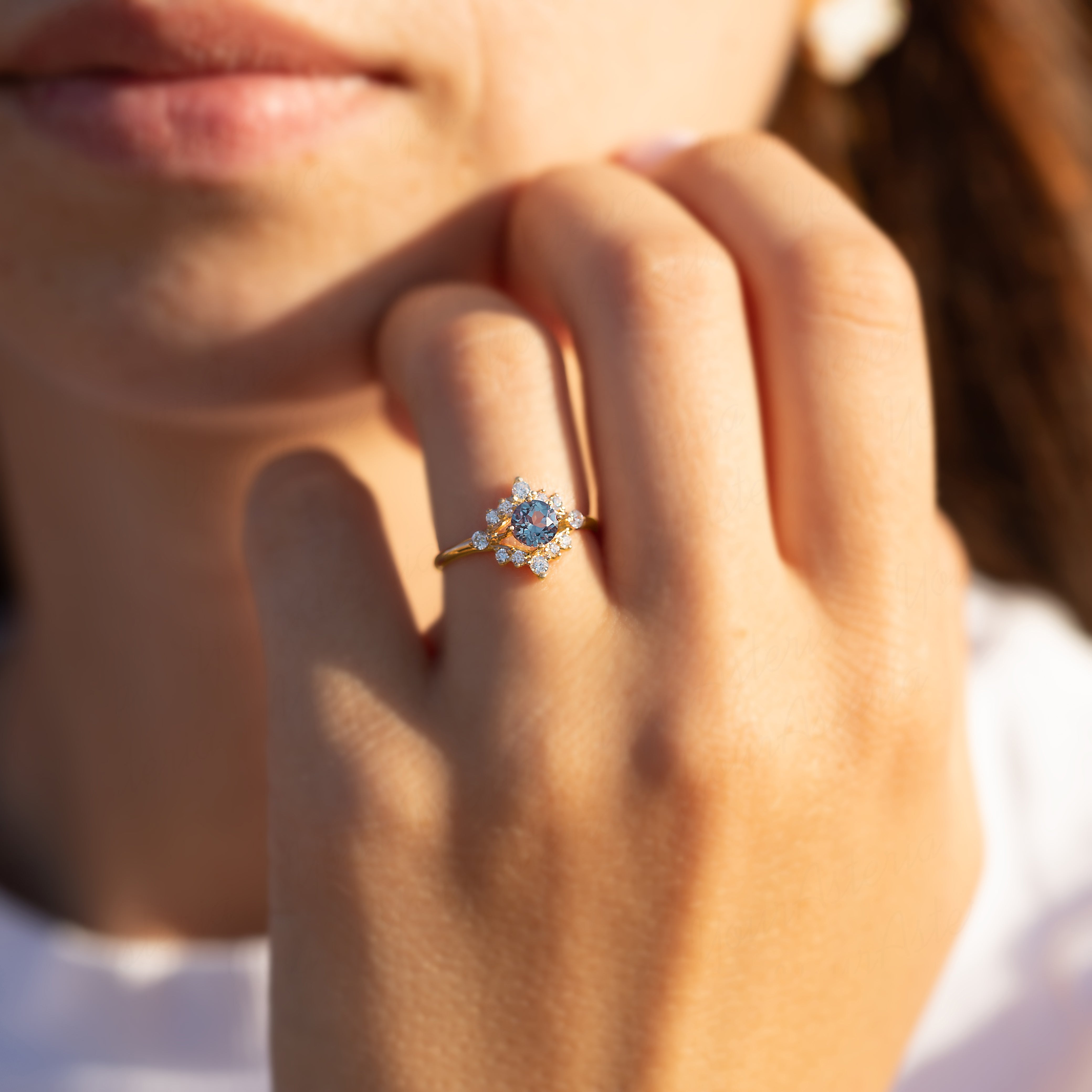 Women dainty 14k yellow gold round cut alexandrite & diamonds halo eng ...