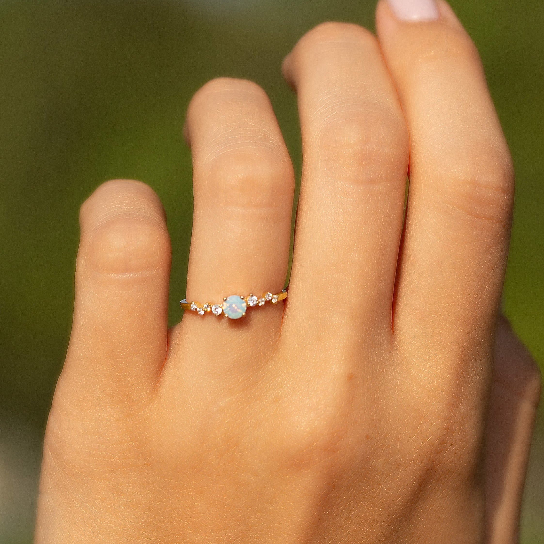 Dainty 14k yellow gold blue moonstone & diamond cluster promise ring f ...