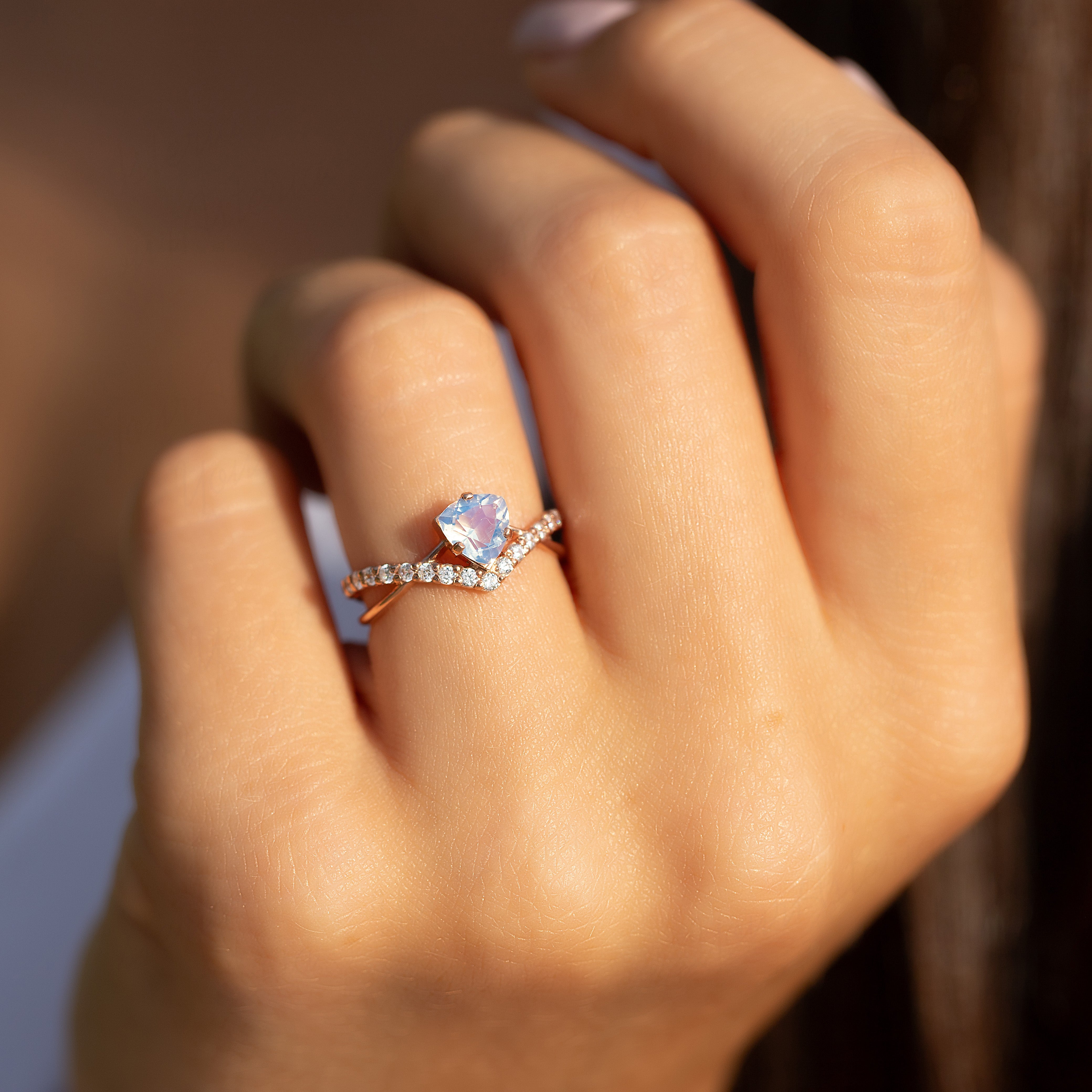 Unique 14k rose gold art deco style trillion cut blue moonstone & diam ...