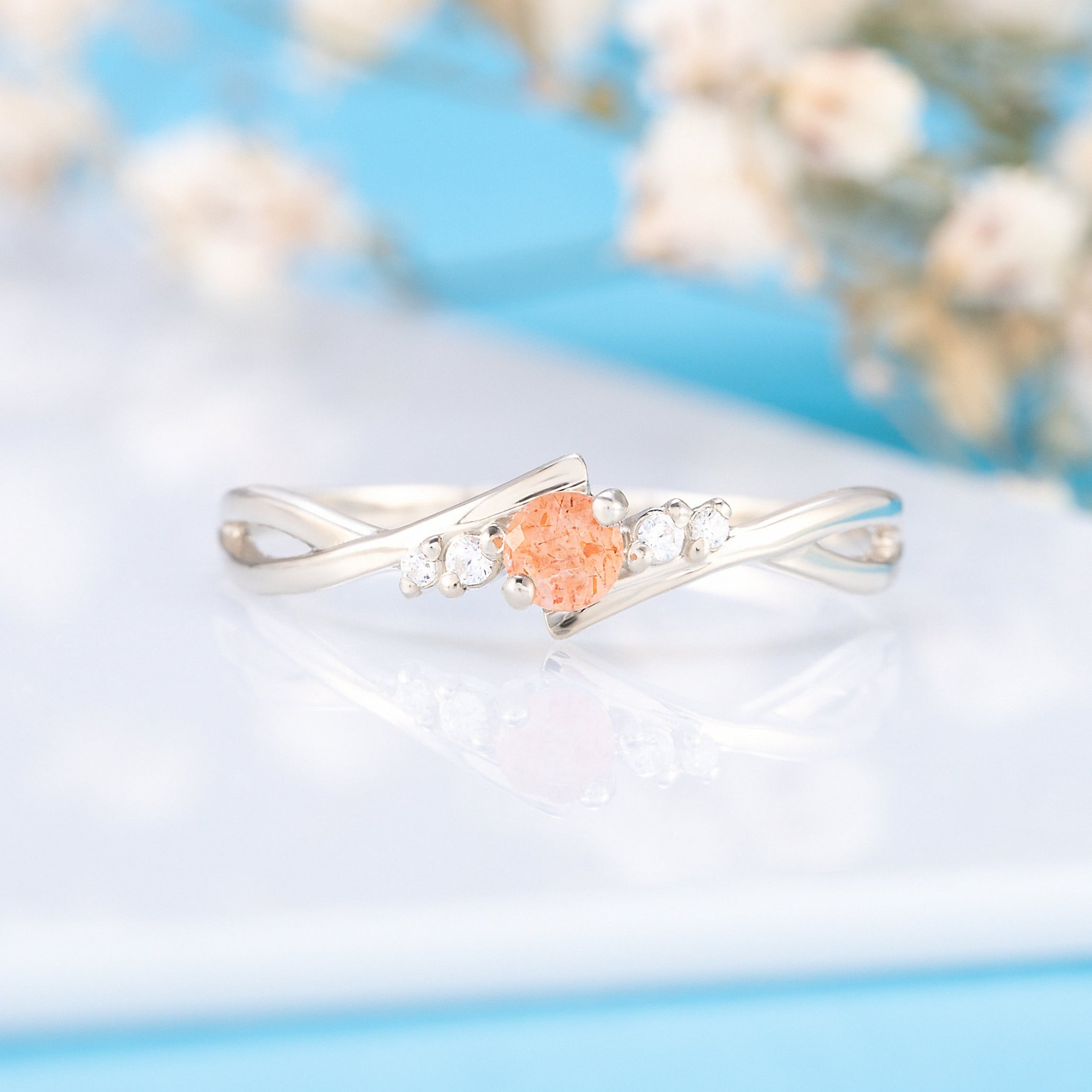 Unique minimalist 925 sterling silver natural sunstone & cz promise ri ...