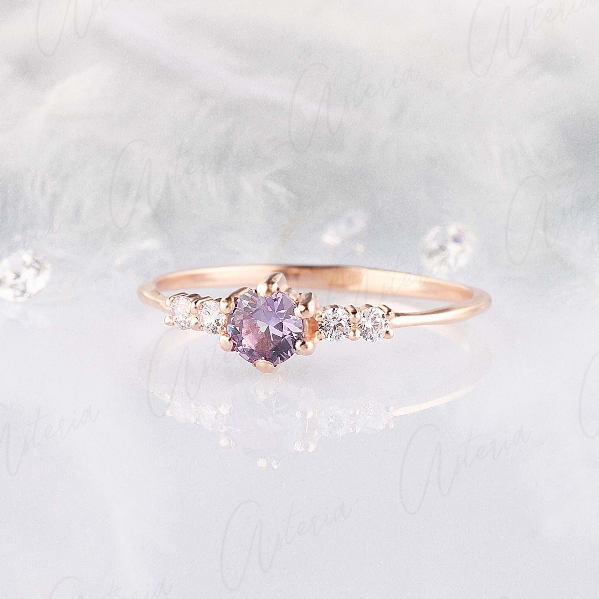 Minimalist dainty 14k rose gold amethyst & diamonds promise ring for h ...