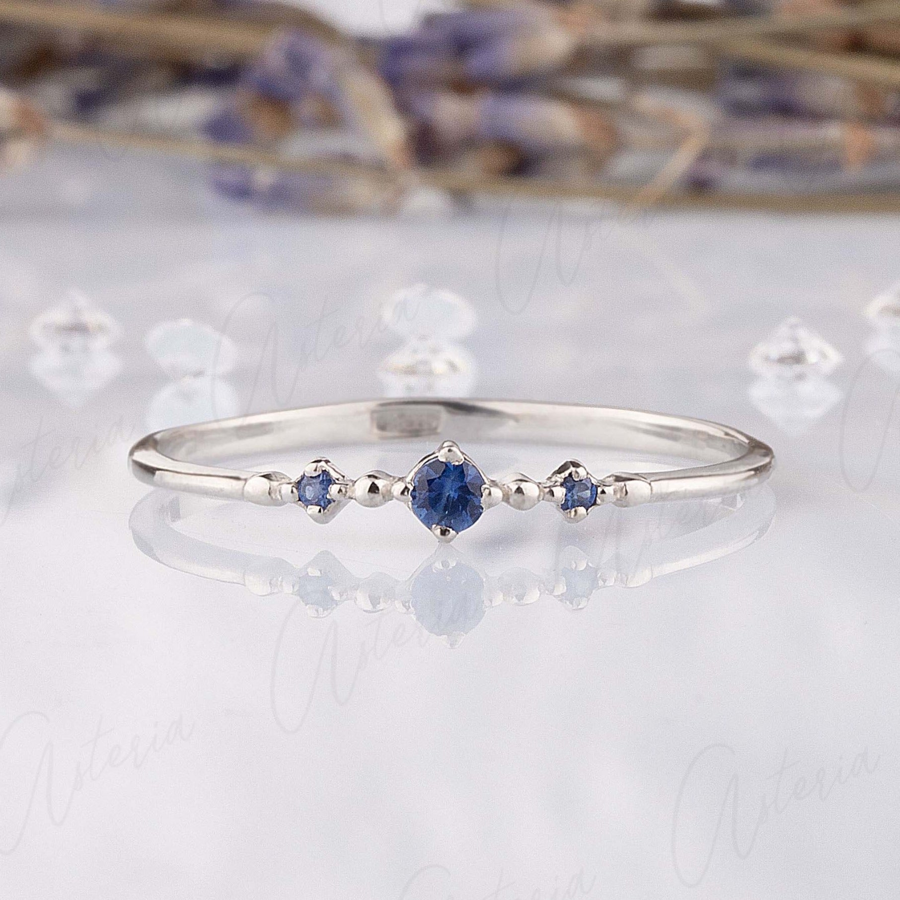 Minimalist delicate 14k white gold blue sapphire promise ring for her ...