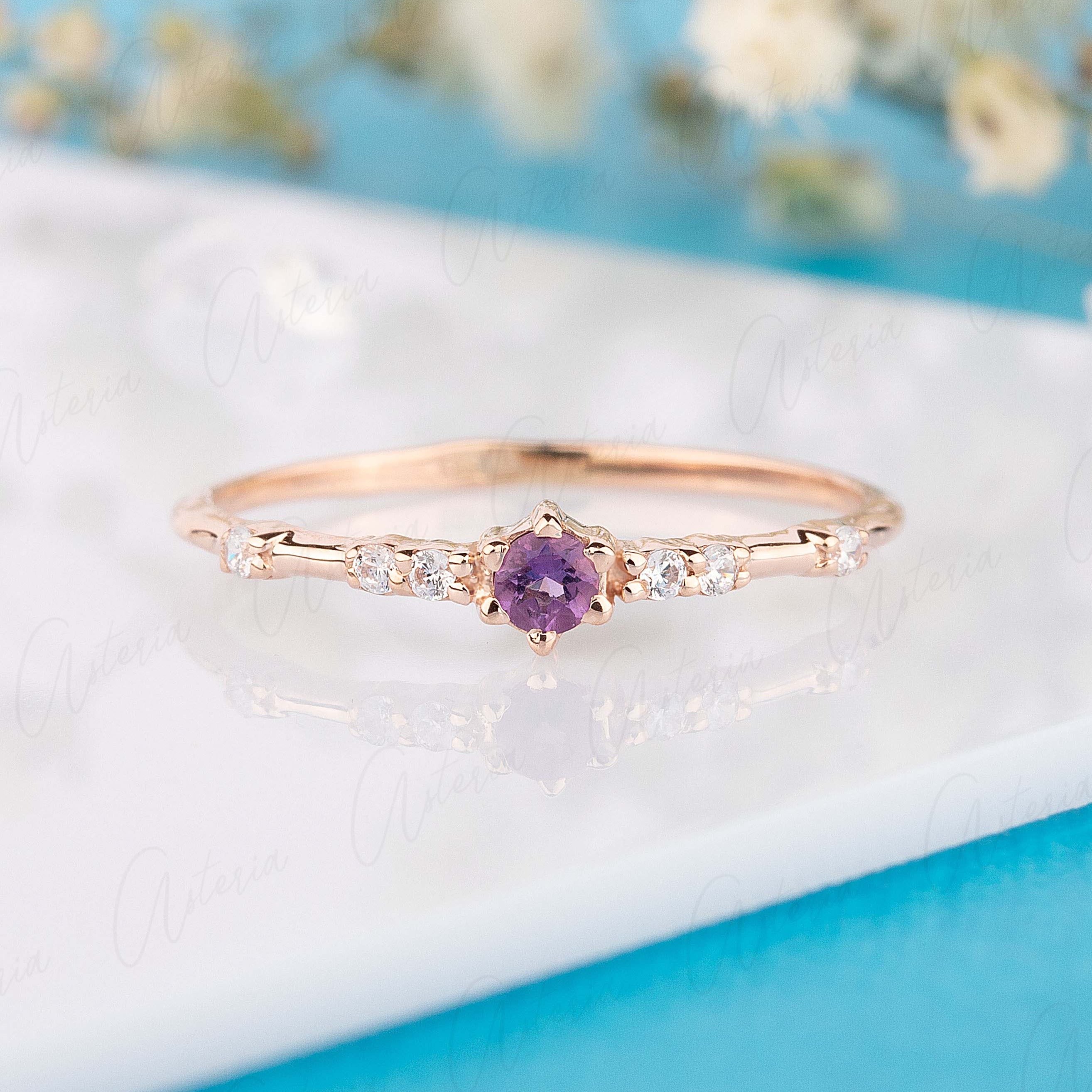 Dainty & elegant 14k rose gold amethyst & diamonds promise ring for he ...