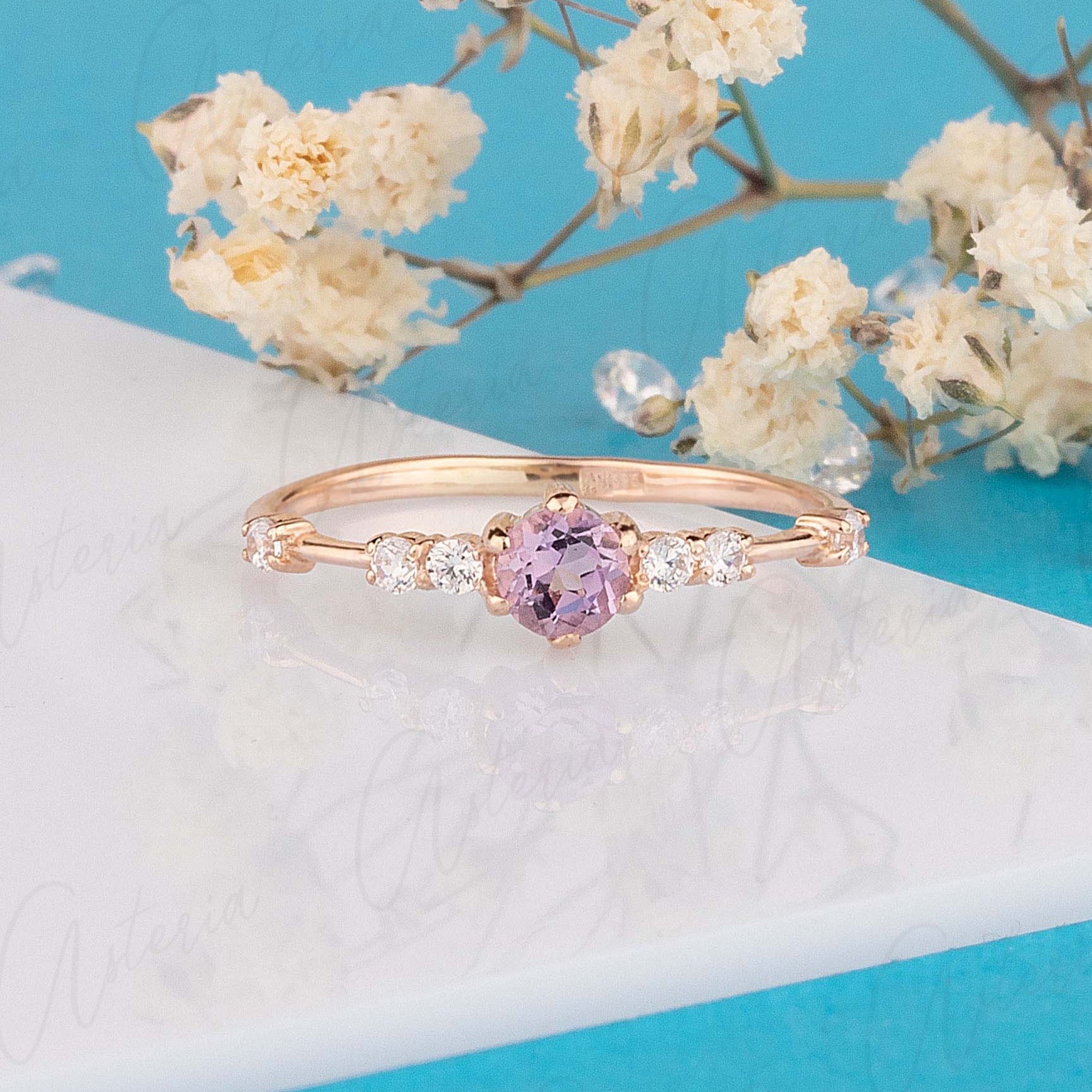 Dainty 18k rose gold amethyst & diamonds promise ring for her – YourAsteria